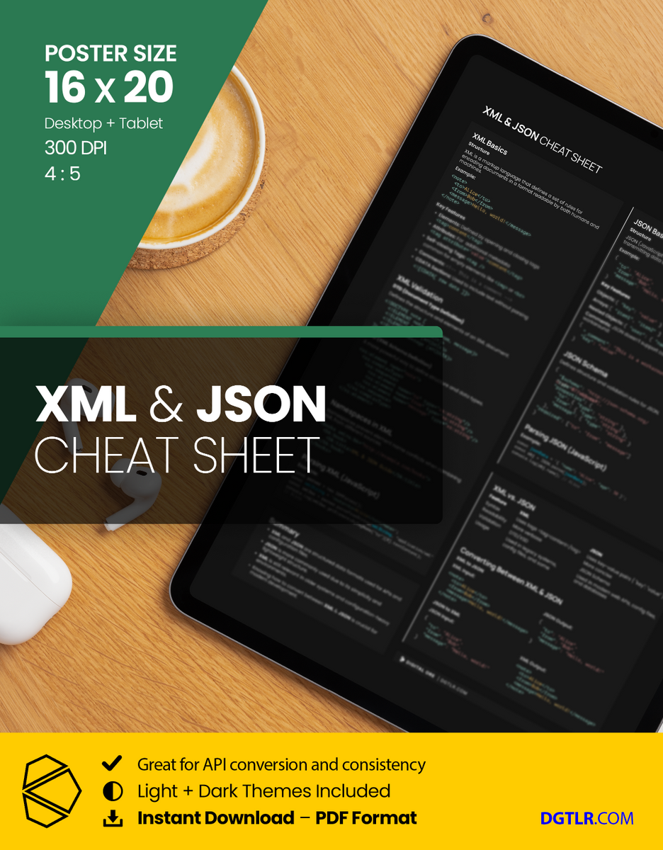 XML & JSON Ultimate Cheat Sheet (Light + Dark PDF) – Digital Ore